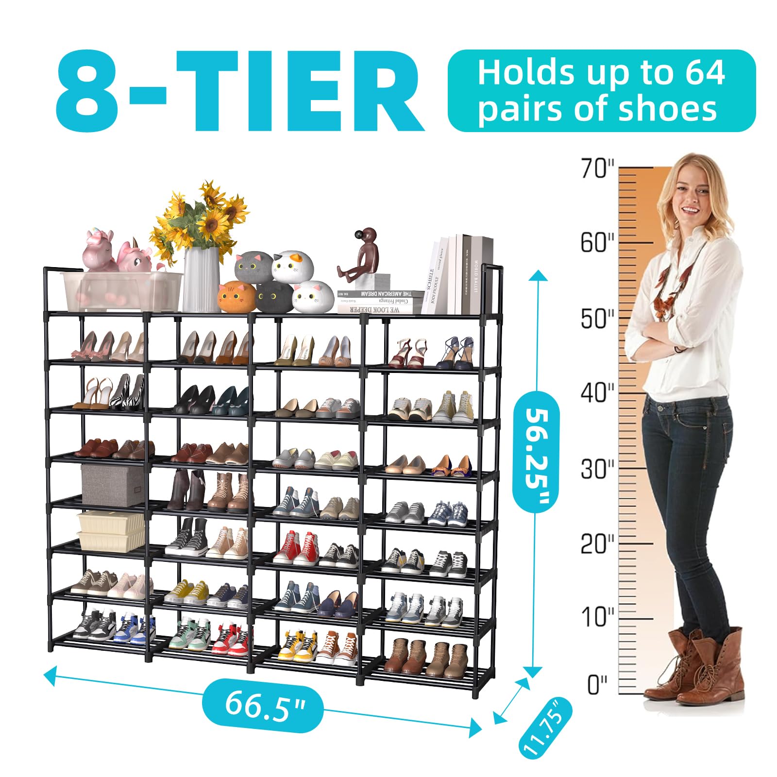 Simple Trending 8-Tier Large Shoe Rack Holds 64 Pairs, Tall Shoe Organizer Storage Shelf can DIY Style with Metal Pipes for Entryway, Closet, Bedroom,Garage, Black