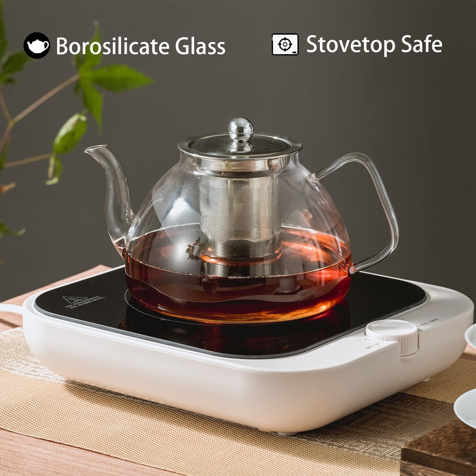 Wlasss Glass Teapot with Stainless Steel Removable Infuser (1200 ml/40 oz), Glass Tea Kettle Stovetop Safe for Blooming and Loose Leaf Tea