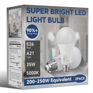 nouscan 200w equivalent led light bulb, 2800lm super bright a21 led bulb, daylight 5000k, 25w energy saving, e26 medium base, 120v for garage, warehouse, shop, living room, non-dimmable, 2 pack