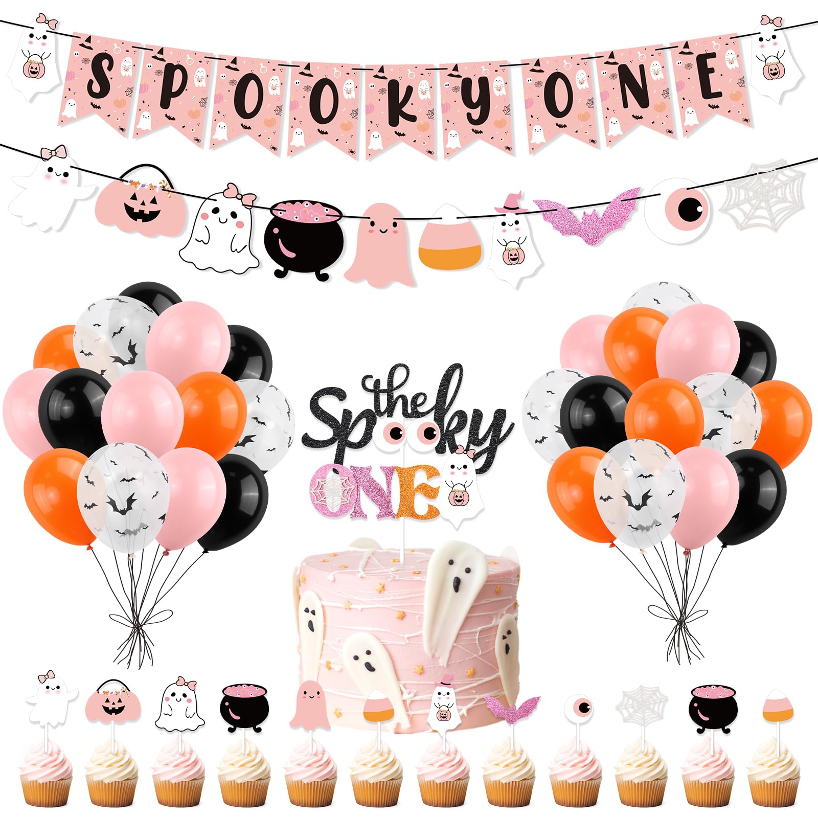 Girl Halloween 1st Birthday Party Decor Halloween Spooky One Banner Cute Ghost Cake Topper Balloon for Halloween Theme Little Boo First Birthday Happy Boo Day Baby Shower The Spooky One Party Supplies