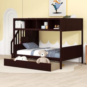 Harper & Bright Designs Twin Over Full Bunk Bed with Stairs and Built-in Storage Cabinets, Wood Bunk Beds Twin Over Full Size with 2 Storage Drawers for Kids Girls Boys,Espresso