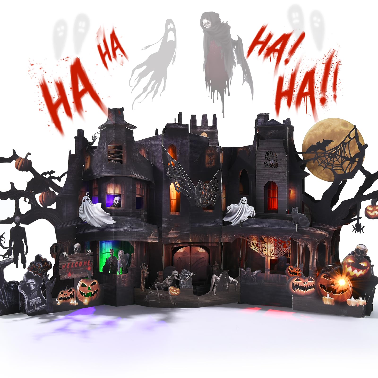 VIVIKEN Pop Up Halloween Card, 3D Jumbo Paper Halloween Spooky Castle Decoration Card with Lights and Music Includes Envelop and Note Card-Accordion Haunted House-Big Size