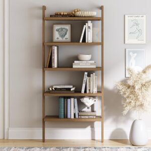 nathan james beacon 5 tier bookshelf, wall mounted bookcase, solid wood bookshelf in wire brushed finish, boho rustic bookcase