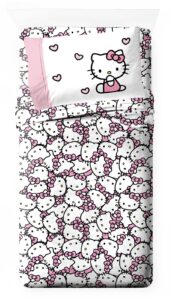 jay franco hello kitty pink stripes & hearts twin size sheet set - super soft 3 piece bedding set - microfiber sheets include reversible pillow cover