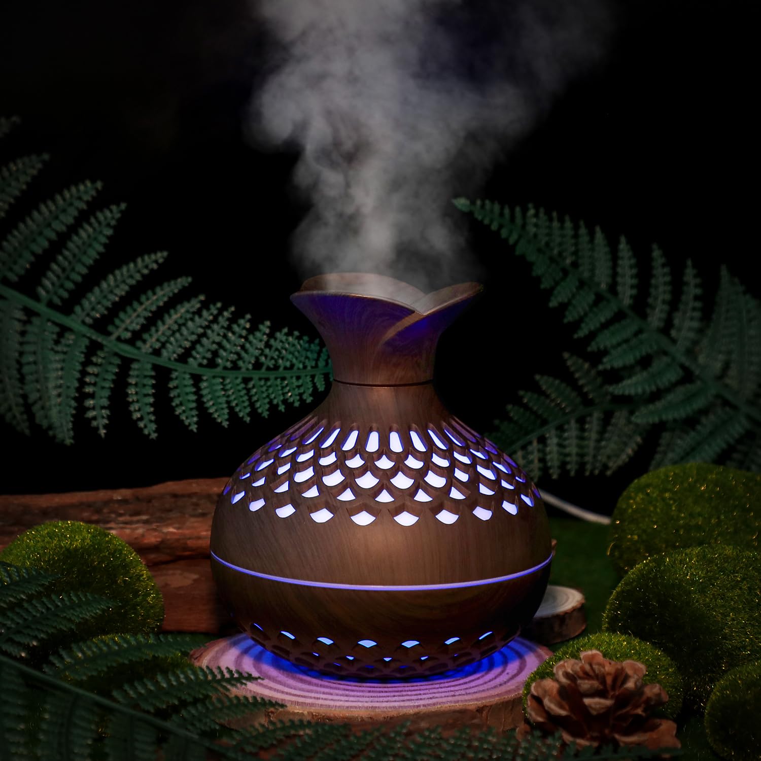 Portable Mini Humidifier, 300ml Small Humidifiers Wooden Vase Flower Aroma Diffuser, Quiet Cool Mist Humidification for Baby Bedroom Travel Office, USB Powered, Colorful Light, Darkwood