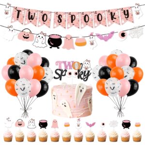 girls halloween 2nd birthday party decor, halloween two spooky banner cute ghost cake topper balloons for halloween theme little boo second birthday happy boo day boo im two baby shower party supplies