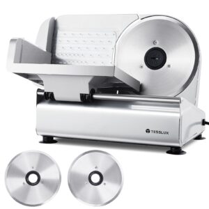 tesslux meat slicer - electric deli slicer, 200w, dual 7.5" blades, adjustable thickness 0-15mm, safe home meat slicer machine with stainless steel and aluminum housing