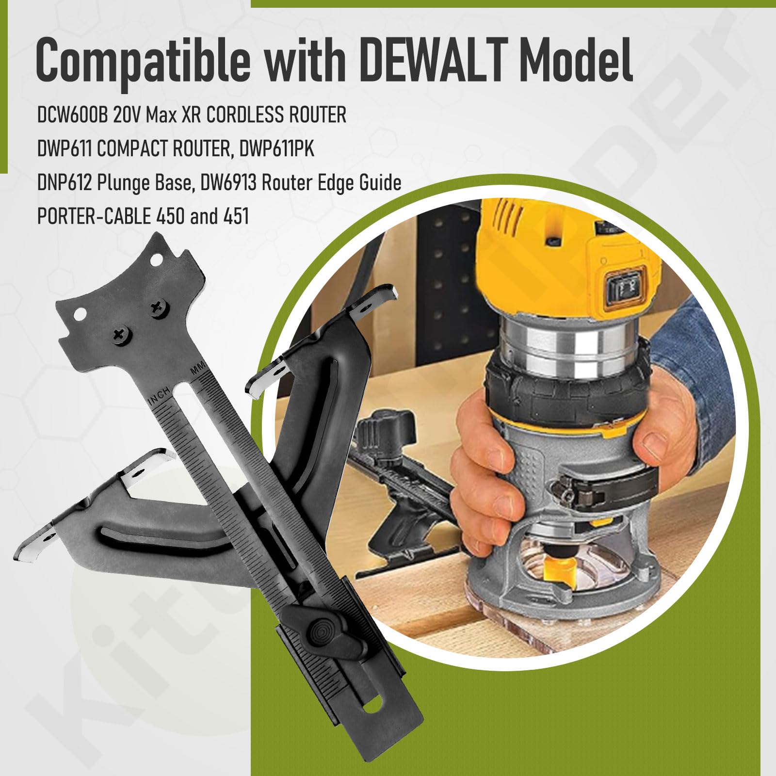 DNP618 Router Edge Guide for DEWALT Fixed Base Compact Router DCW600B, DWP611, DNP612, DW6913, PORTER-CABLE 450 and 451 - Quickly Attaches to Fixed Base Compact Router