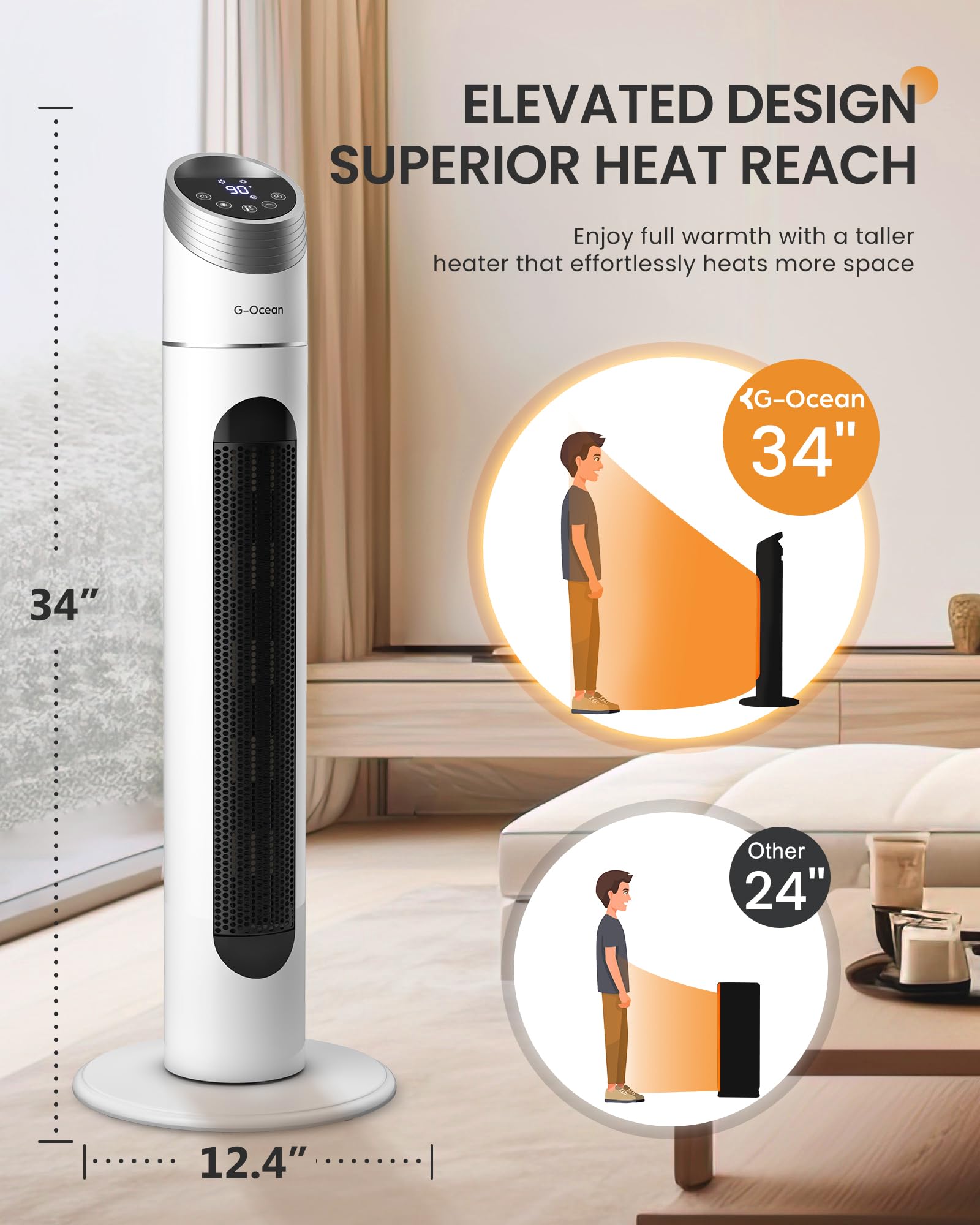 Space Heater, 34" Space Heater for Large Room with Remote, 1500W Tower Heater with 12H Timer, 70° Oscillating, Adjustable Thermostat, Overheating & Tip-over Protection, Indoor Use, White