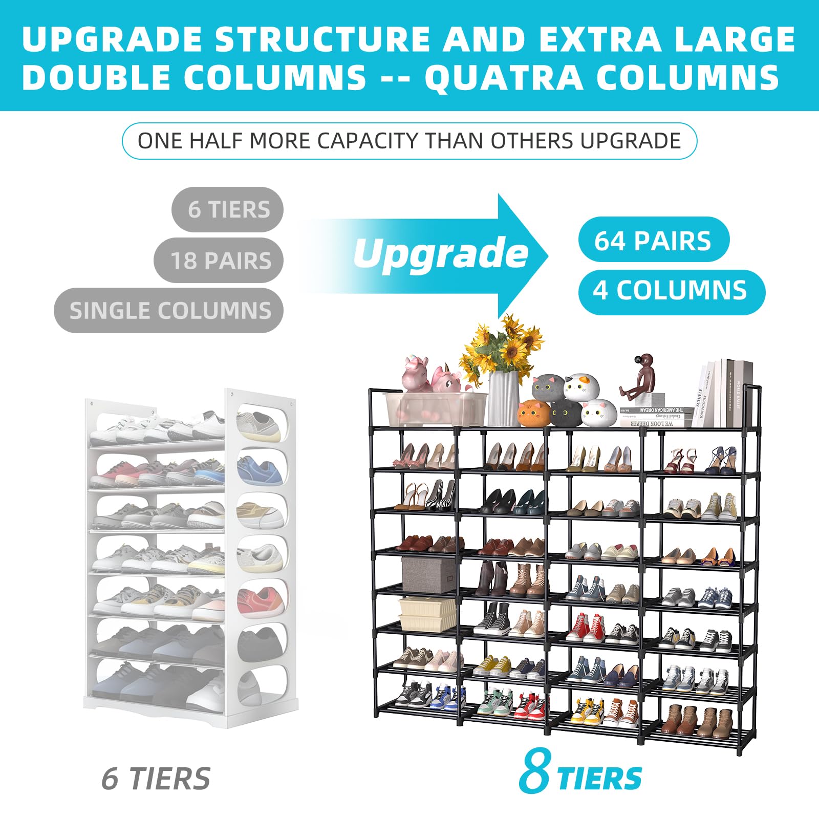 Simple Trending 8-Tier Large Shoe Rack Holds 64 Pairs, Tall Shoe Organizer Storage Shelf can DIY Style with Metal Pipes for Entryway, Closet, Bedroom,Garage, Black