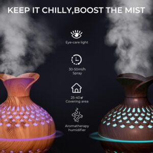 Portable Mini Humidifier, 300ml Small Humidifiers Wooden Vase Flower Aroma Diffuser, Quiet Cool Mist Humidification for Baby Bedroom Travel Office, USB Powered, Colorful Light, Darkwood