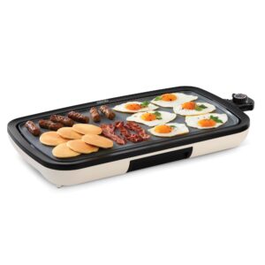 dash everyday ceramic electric griddle for pancakes, burgers, quesadillas, eggs & other on the go breakfast, lunch & snacks with drip tray + included recipe book, 20in, 1500-watt - cream