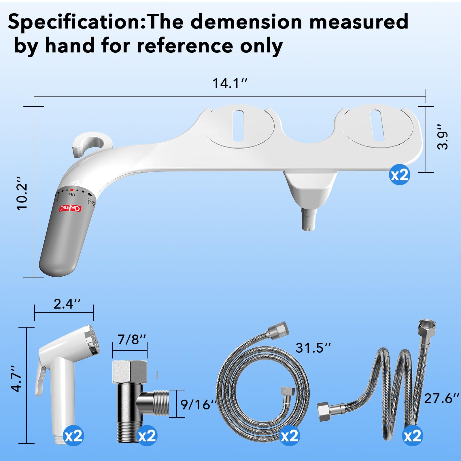 DEANIC 2-in-1 Bidet Attachment with Handheld Bath Bidet Sprayer, Ultra-Slim Adjustable Water Pressure Nozzle, Cold Water Non Electric Hand Sprayer for Toilet Seat (White， 2 Pack)