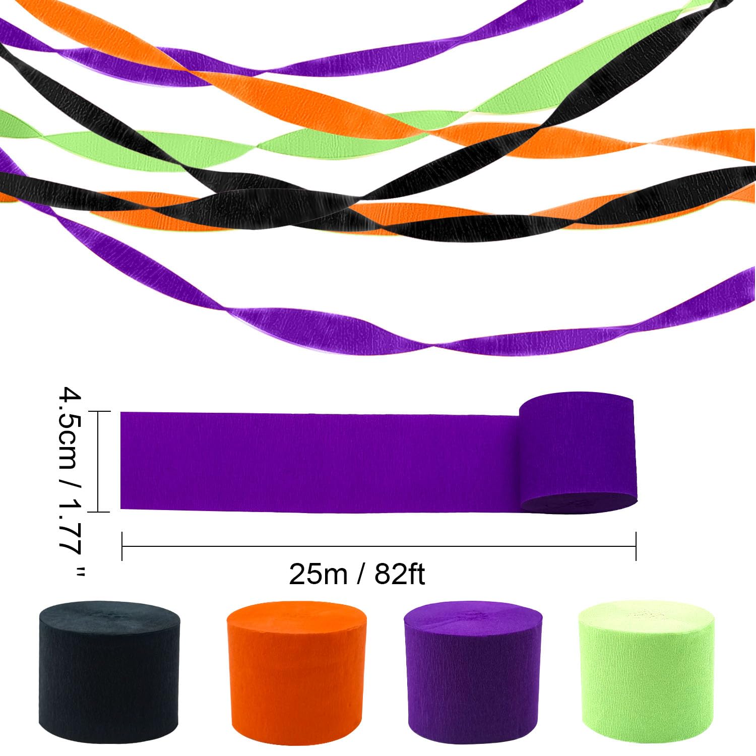 PheiLa Halloween Party Supplies, 4 Rolls Orange Black Purple Green Crepe Paper Streamers for Halloween DIY, Home Party Backdrop Decorations, 1.77 Inch x 82 Ft/Roll, 328ft