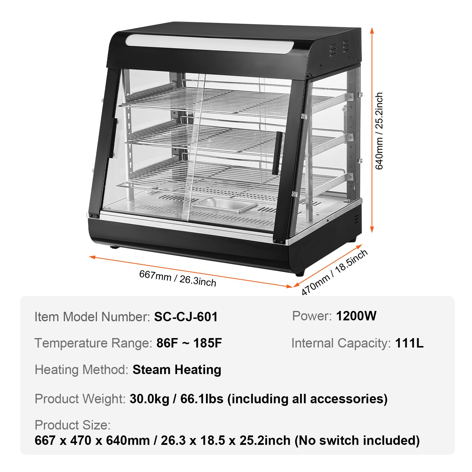 VEVOR 3-Tier Commercial Food Warmer Display, 1200W Food Display Warmer with Light, Adjustable Shelf and Temperature Display, 86℉~185℉ Steam Heating, 111L for Hamburger, Pizza, Bread, Fried Chicken