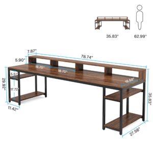 Tribesigns Two Person Desk with Monitor Stand, 78.74" Long Double Computer Office Desk with Storage Shelves, Large Gaming Desk Study Writing Table Workstation for Home Office (Rustic Brown)