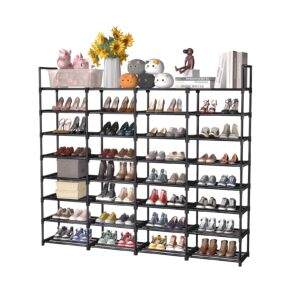 simple trending 8-tier large shoe rack holds 64 pairs, tall shoe organizer storage shelf can diy style with metal pipes for entryway, closet, bedroom,garage, black