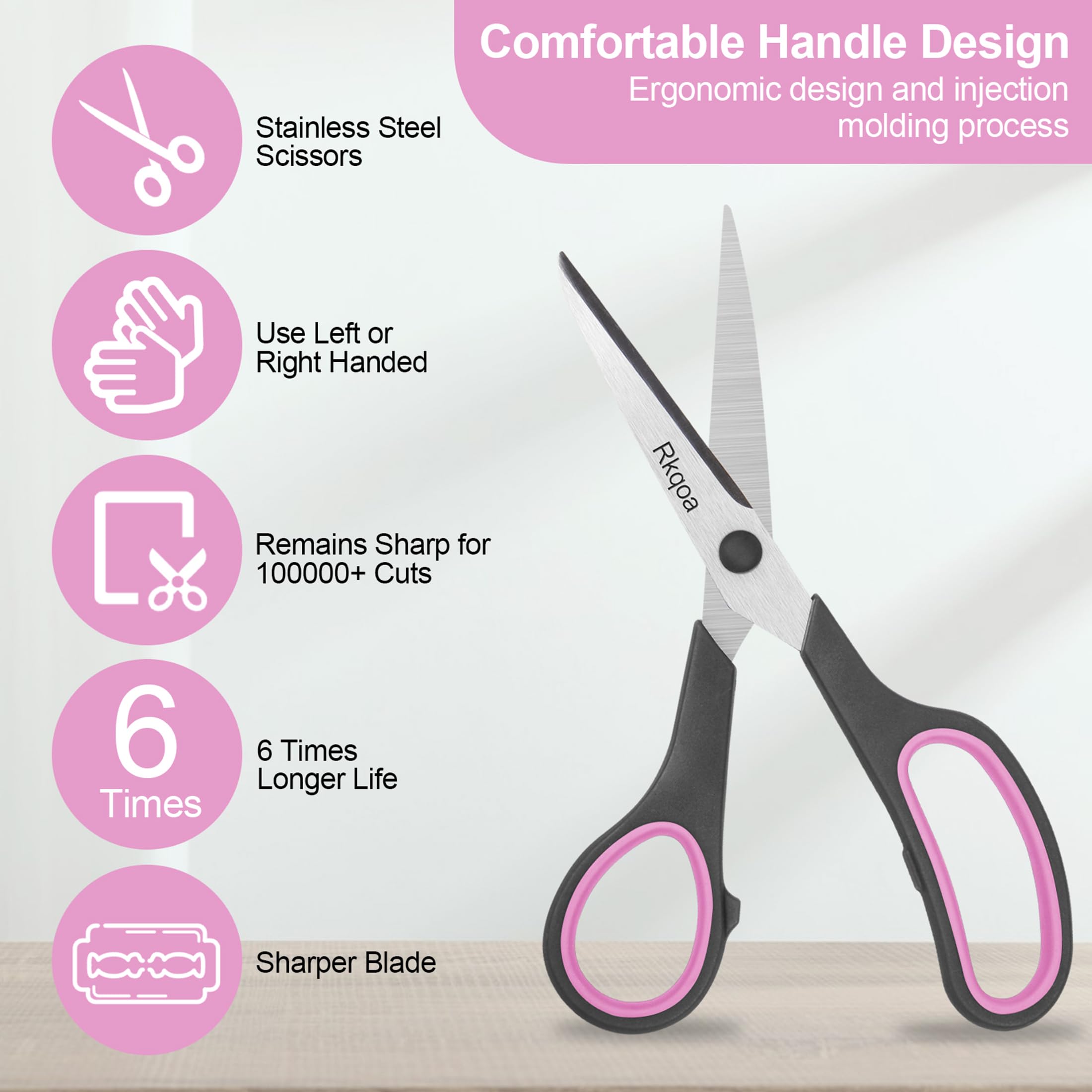 Black-Pink Scissors Set, Rkqoa 8" Scissors All Purpose 6 Pack - Comfort-Grip Sharp Scissors for Office School Sewing Craft Supplies, Classroom Must have, Teacher/Class Scissor, Right/Left Handles