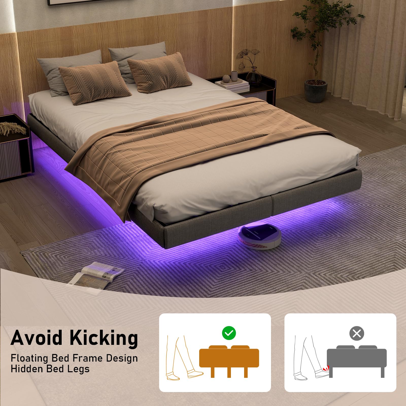 Floating Bed Frame Full Size, Metal Platform Full Bed Frame with LED Lights Remote Control RGB and Under Bed Storage, Heavy Duty Steel Slats Support, No Box Spring Needed, Noise Free, Easy Assembly