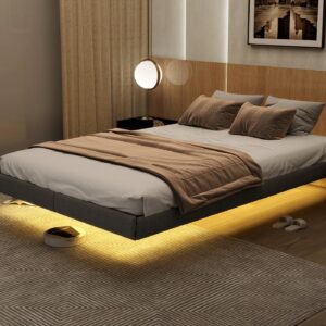 Floating Bed Frame Full Size, Metal Platform Full Bed Frame with LED Lights Remote Control RGB and Under Bed Storage, Heavy Duty Steel Slats Support, No Box Spring Needed, Noise Free, Easy Assembly