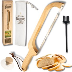 double-edged bread knife package slicer for sourdough bread, 16.5" premium wooden bow design, premium stainless steel serrated saw, cutter for cutting loaf, sandwich, bagels, homemade bread (birch)