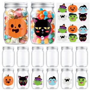 japbor halloween candy jars containers - 14pcs halloween small plastic cookie candy jar with lid pumpkin ghost sticker decoration, diy sugar storage dish craft, halloween party favor gift bottle decor