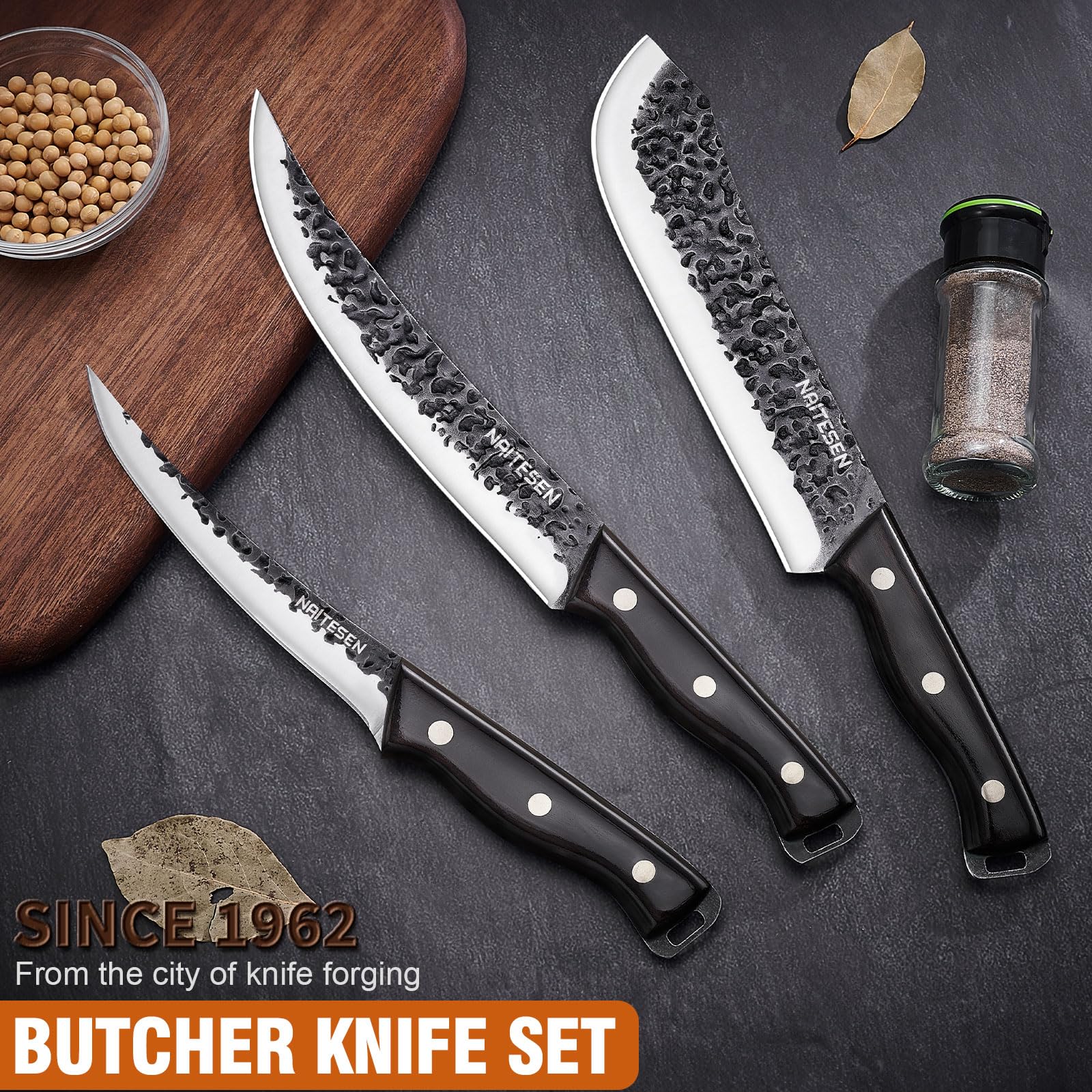 Naitesen Professional Butcher Knife Set 3, Bullnose Meat Carving Knife Breaking Knife Boning Knife Hand Forged Very Sharp for Meat Cutting Home Kitchen Cooking BBQ