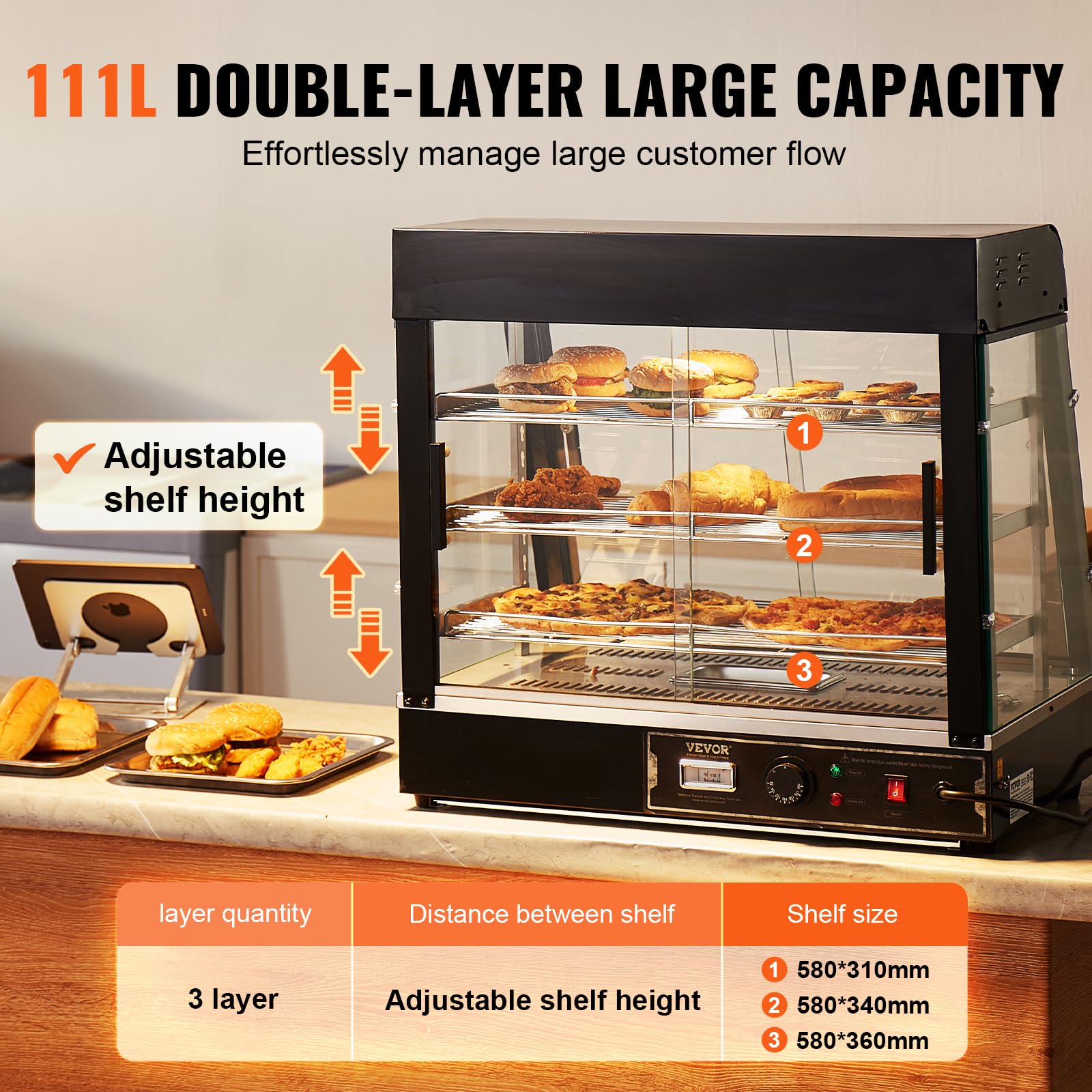 VEVOR 3-Tier Commercial Food Warmer Display, 1200W Food Display Warmer with Light, Adjustable Shelf and Temperature Display, 86℉~185℉ Steam Heating, 111L for Hamburger, Pizza, Bread, Fried Chicken