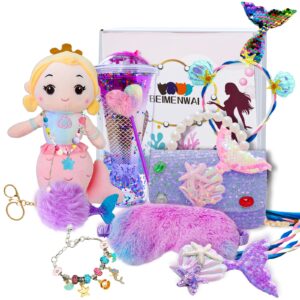 beimenwai mermaid toys & gift set for girls ages 4-10+ - includes mermaid stuffed doll, water bottle, bag, jewelry set, & plush toys