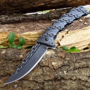 iwrot chain pocket knife for men, 3.5 inch flipper folding knives with assisted opening,black cool knives with 3d pattern steel handle,personalized pocket knives for edc,knife gifts for men