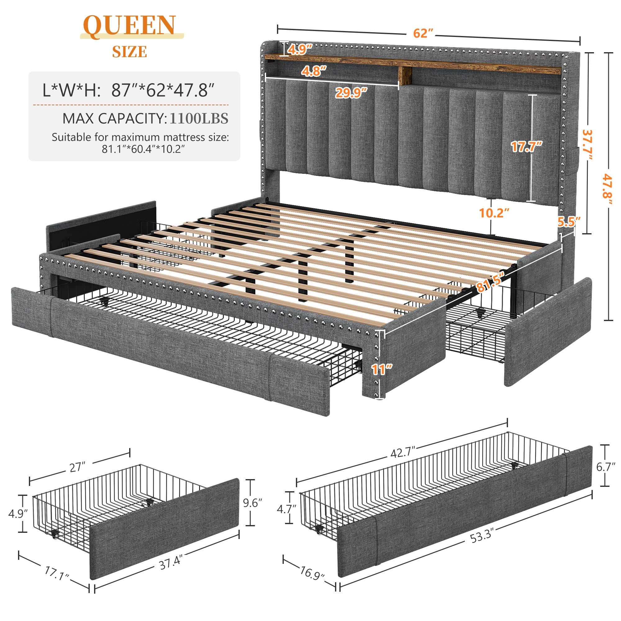 EnHomee Queen Bed Frame with 3 Drawers Upholstered Bed Frame Queen Size with Headboard, Queen Size Bed Frame, Queen Bed Frame with Storage, No Box Spring Needed, No-Noise, Easy Assembly, Grey