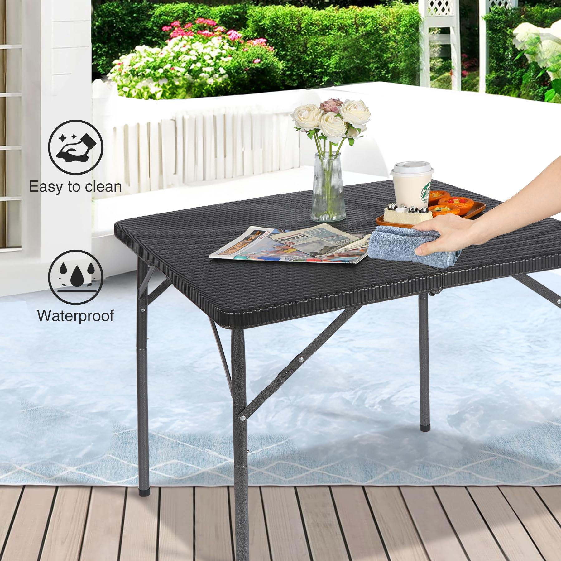 REDCAMP 32" Square Folding Card Table with Ratten Top, Portable Fold in Half Small Card Tables with Adjustable Legs for Adults Indoor Outdoor Use, Black