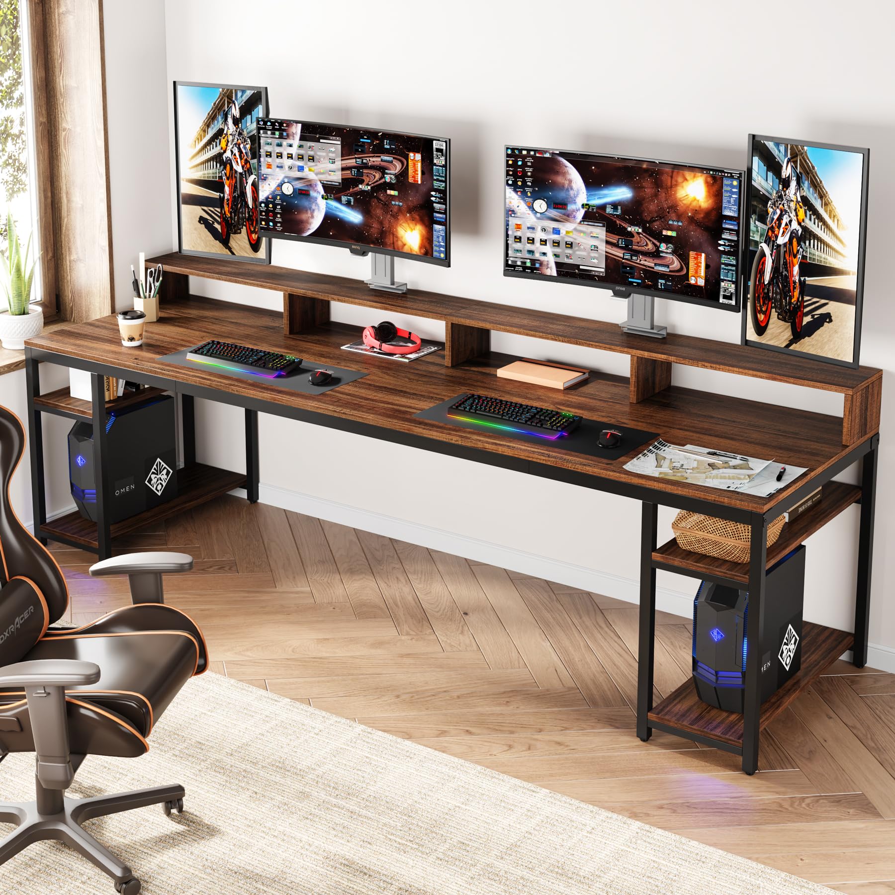 Tribesigns Two Person Desk with Monitor Stand, 78.74" Long Double Computer Office Desk with Storage Shelves, Large Gaming Desk Study Writing Table Workstation for Home Office (Rustic Brown)