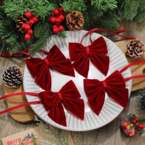 Cinnvoice 48 Pcs Mini Velvet Christmas Bow with Clips for Christmas Tree Gift Wrapping 4 inch Vintage Velvet Ribbon Bows Christmas Napkin Rings Hair Bows for Wreath DIY Crafts Supplies(Red Wine)