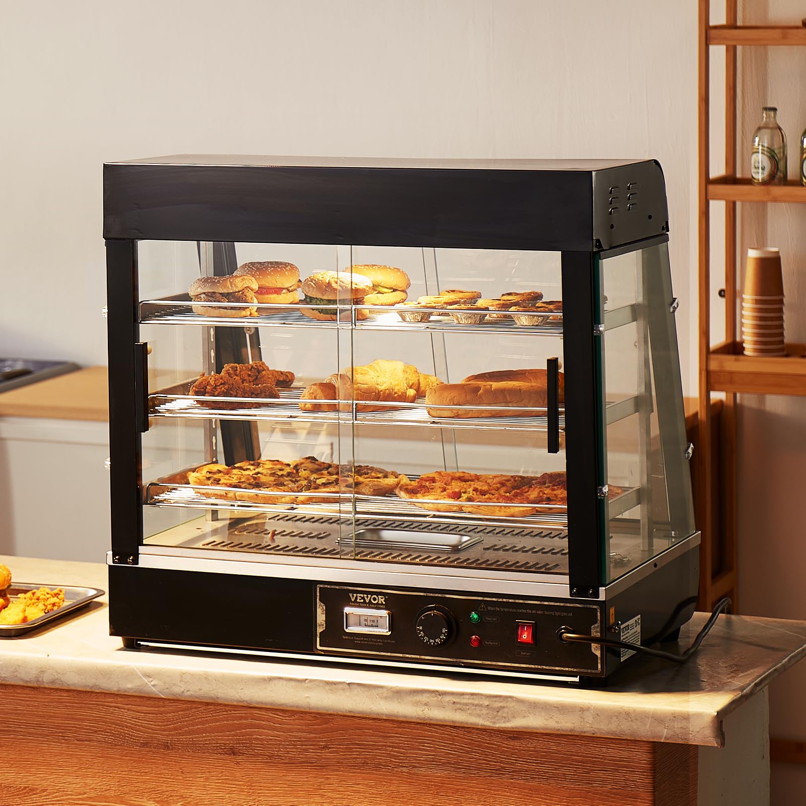 VEVOR 3-Tier Commercial Food Warmer Display, 1200W Food Display Warmer with Light, Adjustable Shelf and Temperature Display, 86℉~185℉ Steam Heating, 111L for Hamburger, Pizza, Bread, Fried Chicken