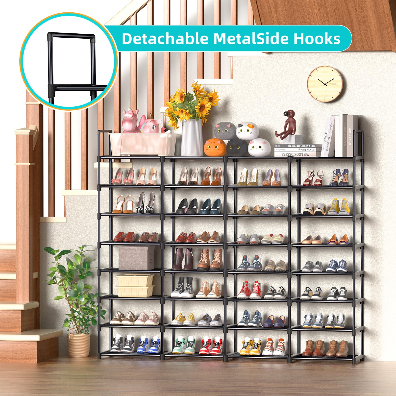 Simple Trending 8-Tier Large Shoe Rack Holds 64 Pairs, Tall Shoe Organizer Storage Shelf can DIY Style with Metal Pipes for Entryway, Closet, Bedroom,Garage, Black