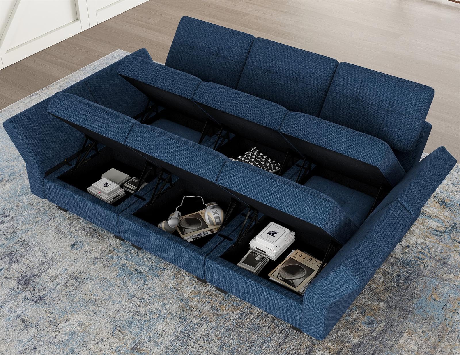 Belffin Modular Sleeper Sofa with Storage 6 Seat Sectional Couch Modular Sofa Bed for Living Room, Blue