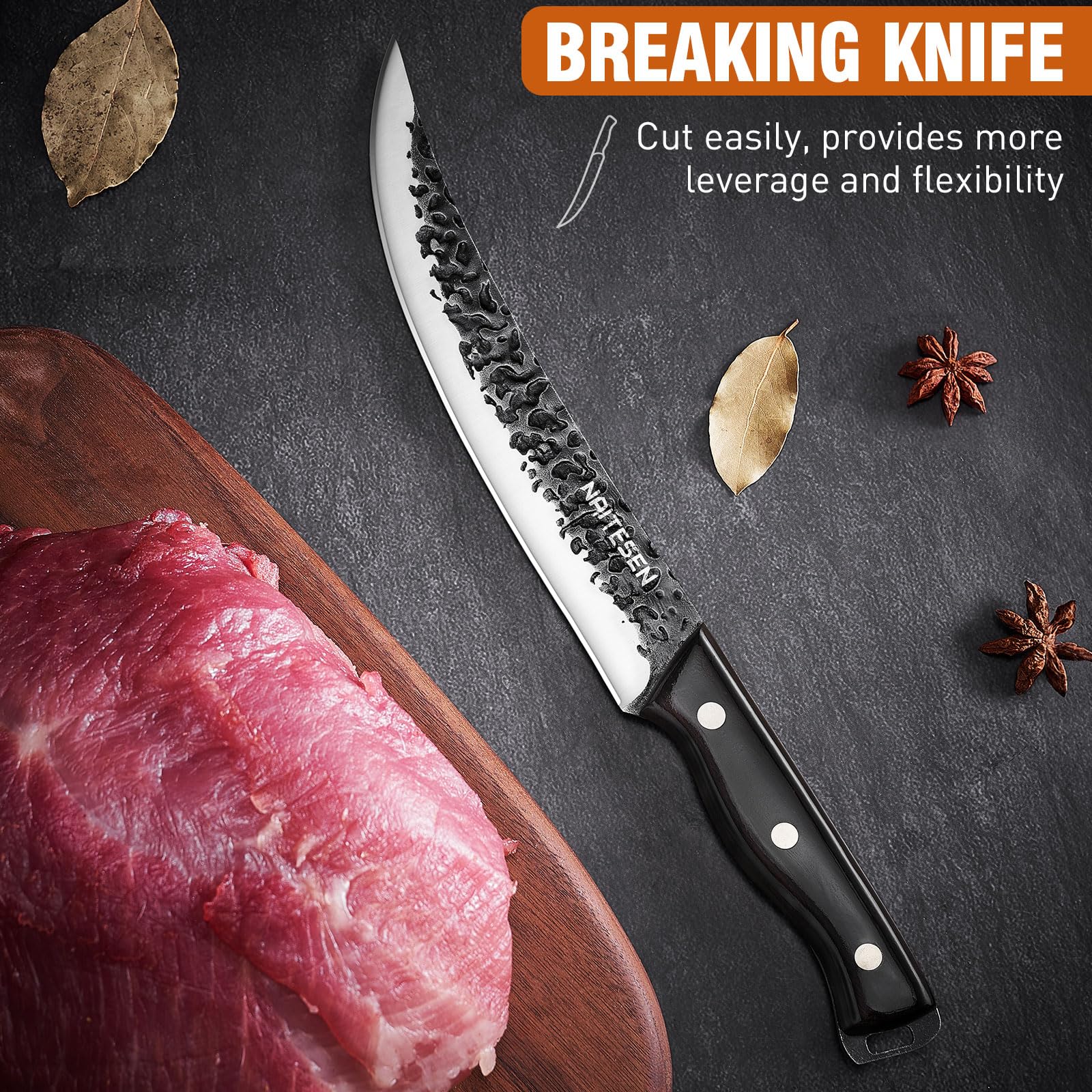 Naitesen Professional Butcher Knife Set 3, Bullnose Meat Carving Knife Breaking Knife Boning Knife Hand Forged Very Sharp for Meat Cutting Home Kitchen Cooking BBQ