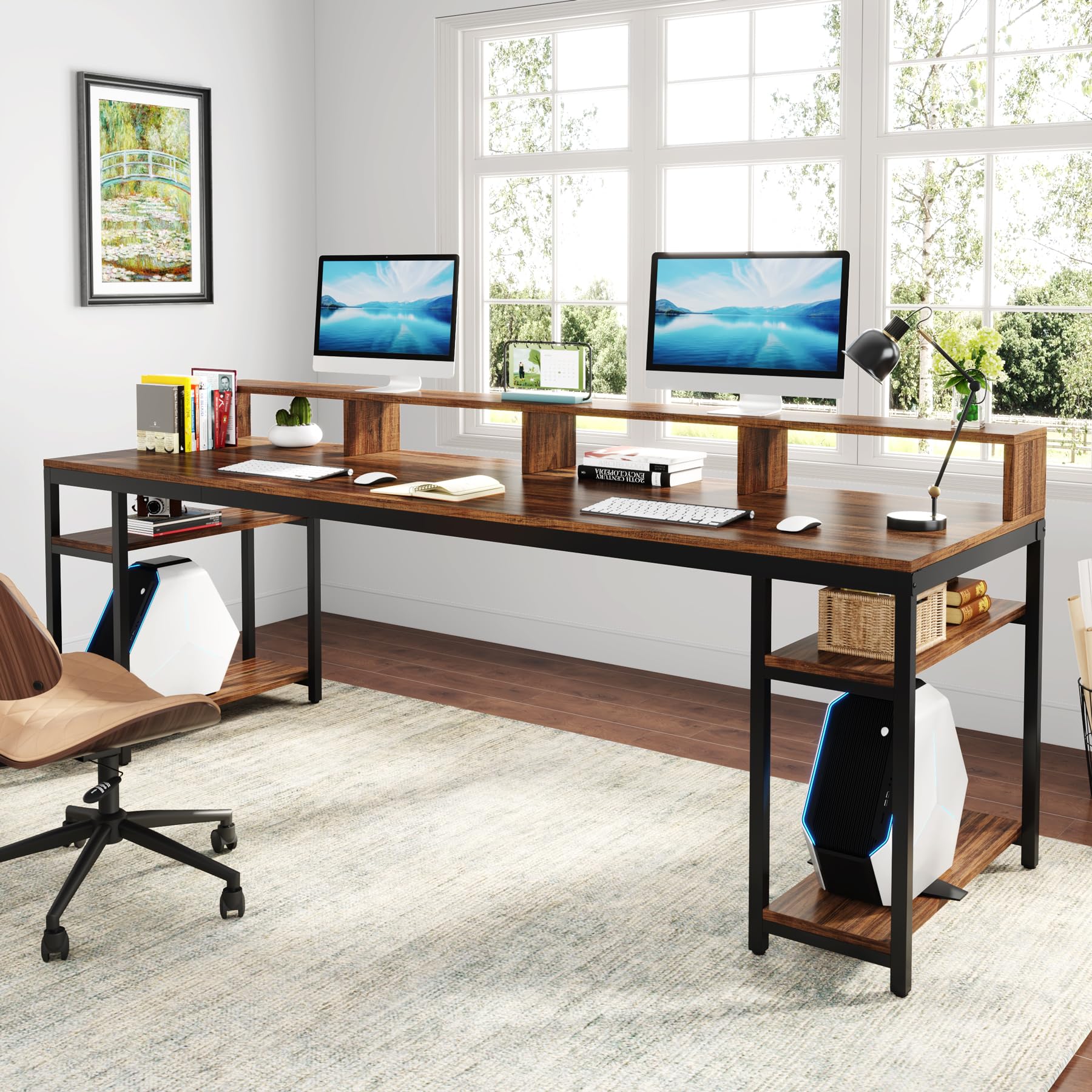 Tribesigns Two Person Desk with Monitor Stand, 78.74" Long Double Computer Office Desk with Storage Shelves, Large Gaming Desk Study Writing Table Workstation for Home Office (Rustic Brown)