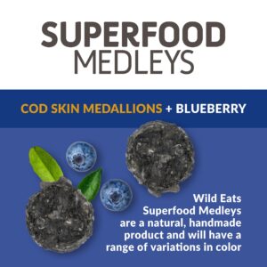 Wild Eats Cod Skins for Dogs, Superfood Healthy Dog Treat Training, 3oz Limited Ingredient Real Blueberry & Cod High in Antioxidants, High Protein, and Marine Collagen for Small, Medium and Large Dogs