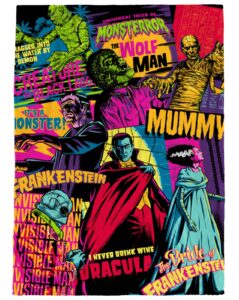 universal monsters mashup plush throw blanket - measures 50 x 70 inches, super soft lightweight bedding with frankenstein, dracula and the mummy