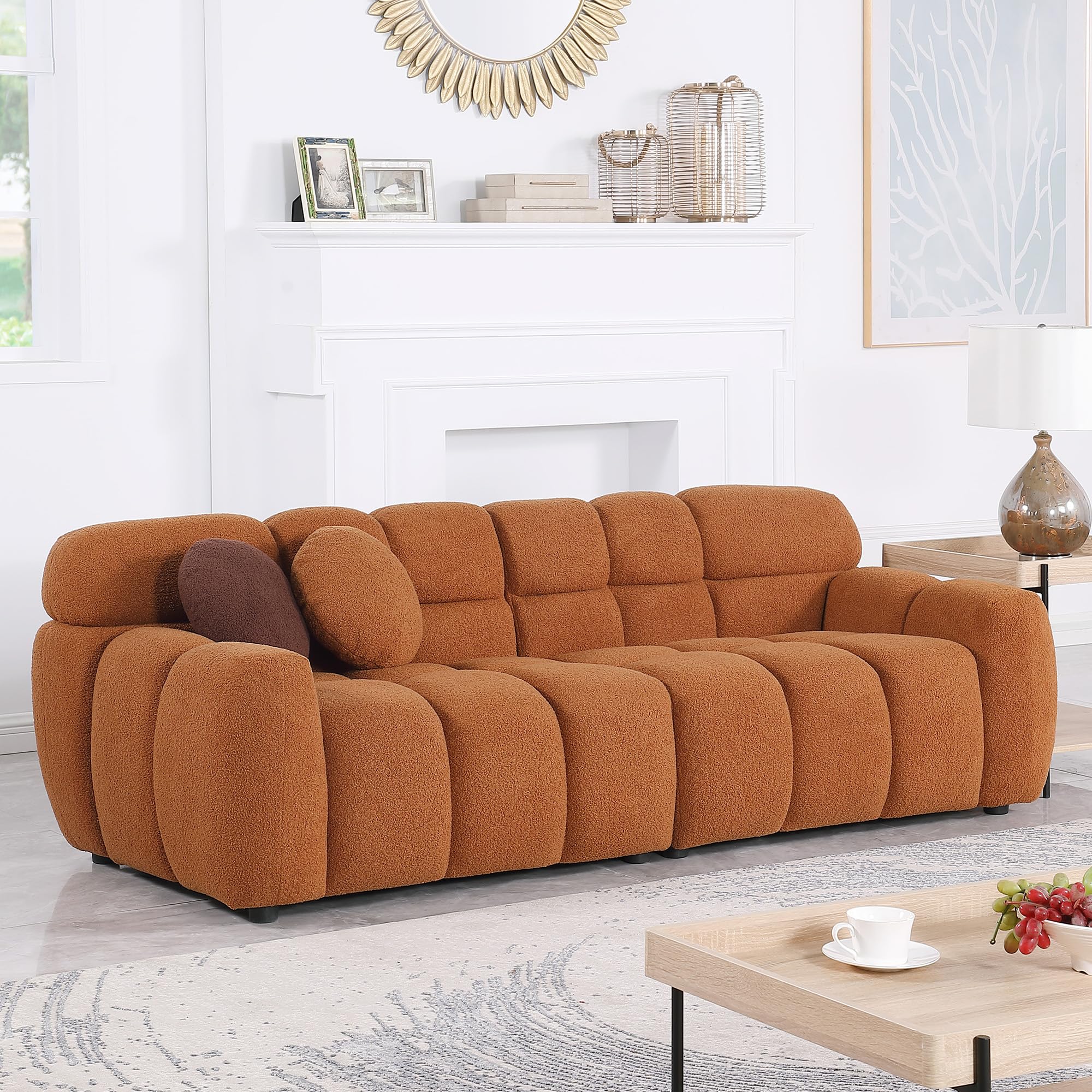 GNIXUU 86.5” Boucle Cloud Sofa, Modern Large Tufted 3 Seater Sofa Couch with 2 Pillows, Comfy Marshmallow Sectional Couches for Living Room, Bedroom, Apartment(Orange)