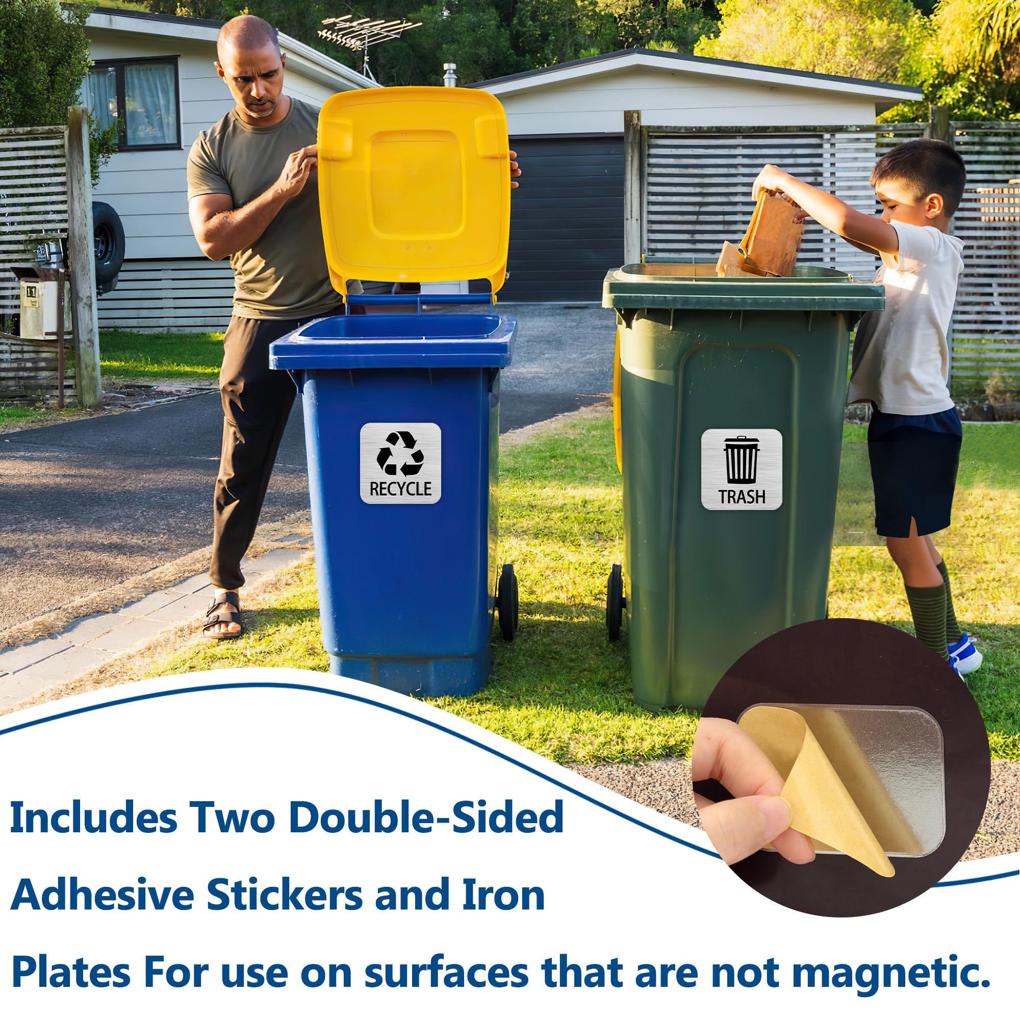 Recycle and Trash Magnets Sticker for Recycling Bins and Kitchen Trash Cans, 2 Magnetic Sticker Adhesives for Trash Cans, Garbage Containers, Outdoor Waste Bin