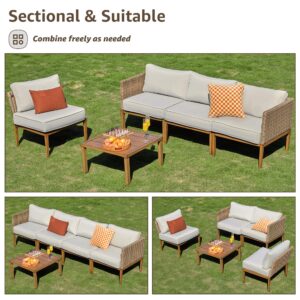 NATURAL EXPRESSIONS Patio Furniture Sets, 5 Pieces Wicker Outdoor Sectional Couch Sofa Patio Outdoor Furniture Conversation Set with Handwoven Rattan,Handbrush Wooden Grain Metal Frame,5" Cushions