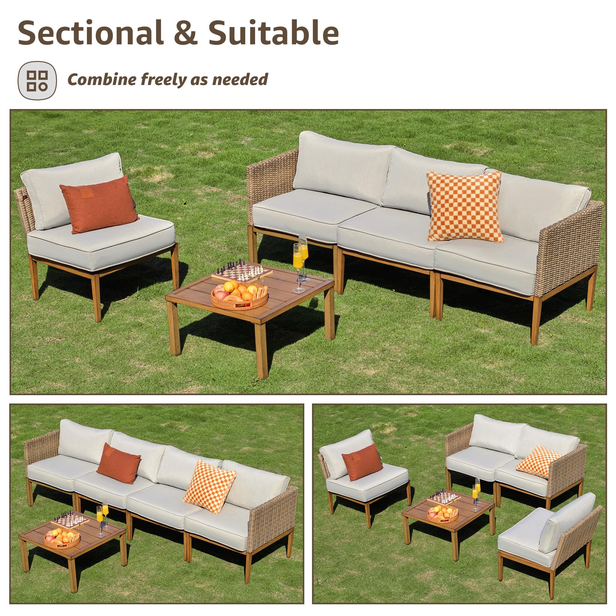 NATURAL EXPRESSIONS Patio Furniture Sets, 5 Pieces Wicker Outdoor Sectional Couch Sofa Patio Outdoor Furniture Conversation Set with Handwoven Rattan,Handbrush Wooden Grain Metal Frame,5" Cushions