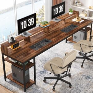 tribesigns two person desk with monitor stand, 78.74" long double computer office desk with storage shelves, large gaming desk study writing table workstation for home office (rustic brown)