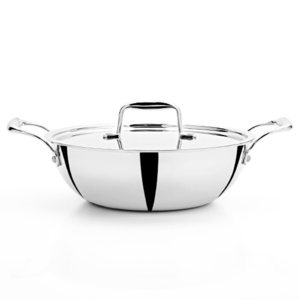 Vinod Titanium Triply Stainless Steel Indian Kadhai with Lid, 26 cm Diameter, 3.30 Ltr Capacity, Induction & Gas Stove Compatible, Heat Resistant Handles, Ideal for Frying and Sauteing, Pack of 1