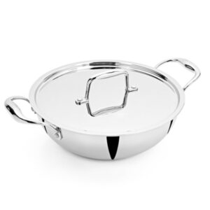 vinod titanium triply stainless steel indian kadhai with lid, 26 cm diameter, 3.30 ltr capacity, induction & gas stove compatible, heat resistant handles, ideal for frying and sauteing, pack of 1