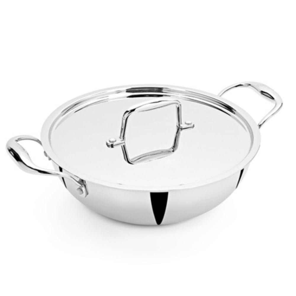 Vinod Titanium Triply Stainless Steel Indian Kadhai with Lid, 26 cm Diameter, 3.30 Ltr Capacity, Induction & Gas Stove Compatible, Heat Resistant Handles, Ideal for Frying and Sauteing, Pack of 1