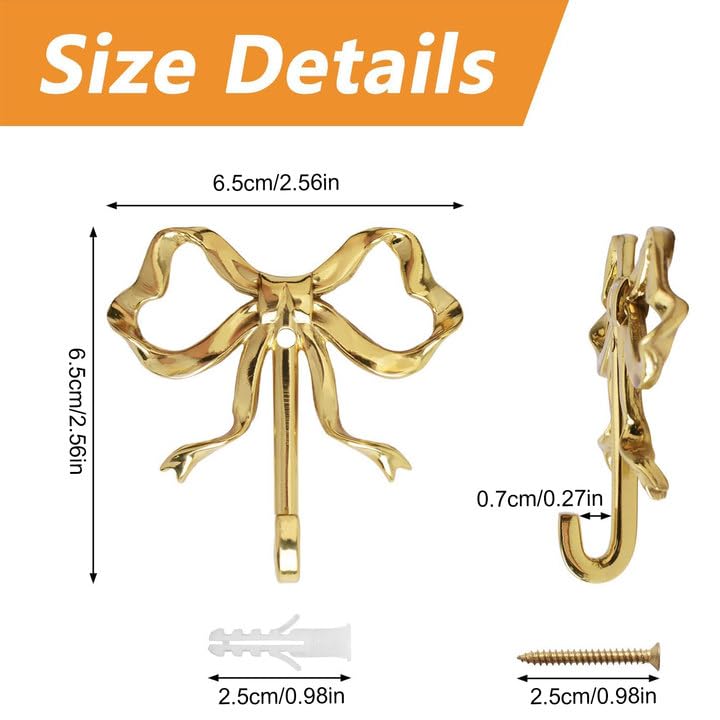 MOROBOR Brass Bow Hooks, 2PCS Home Decorative Hooks Wall Mounted Bow Hooks Modern Key Holder Gold Single Prong Coat Hanger for Home Office Nursery Room Decoration/2.6"